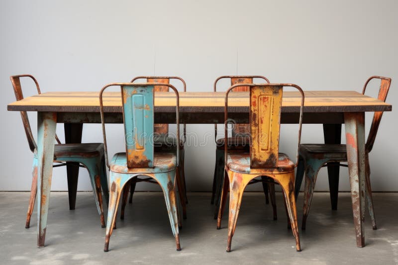 Distressed Wooden Dining Table with Metal Chairs Stock Image - Image of ...