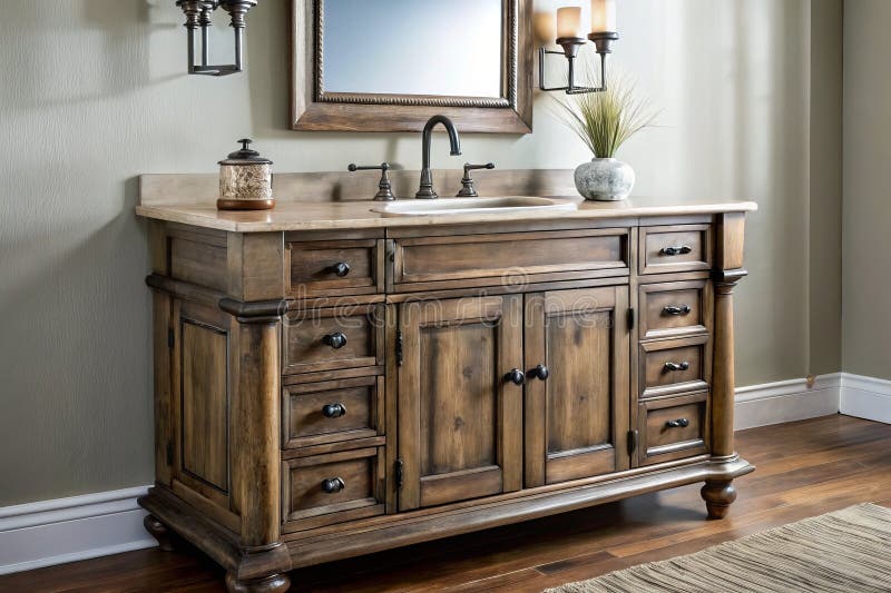 Distressed Wooden Vanity with Ornate Hardware a Modern Bathroom Design ...
