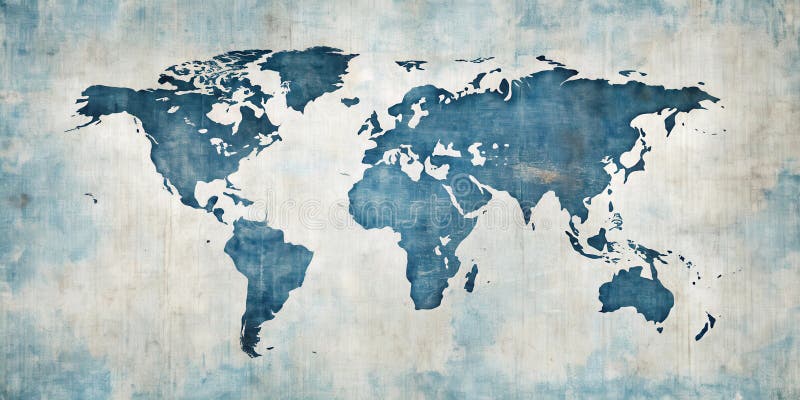 Distressed World Map, Blue Ink Effect on Textured Background ...