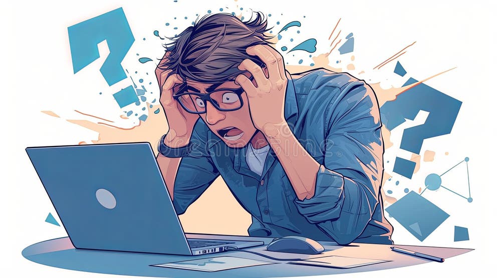 Frustrated Young Man Overwhelmed with Stress Working on a Challenging ...