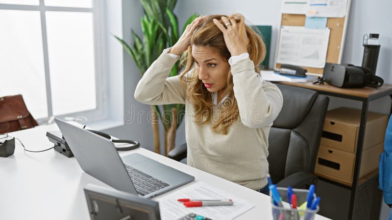A Distressed Young Woman Grasping Her Head in an Office Setting with a ...
