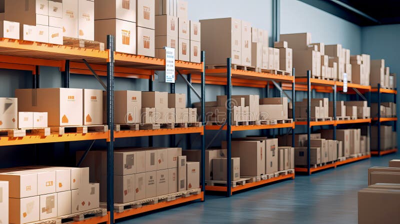 Distribution Center with Box Packaging on Shelves. Warehouse with ...