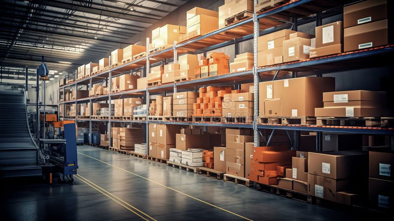 Distribution Center with Box Packaging on Shelves. Warehouse with ...