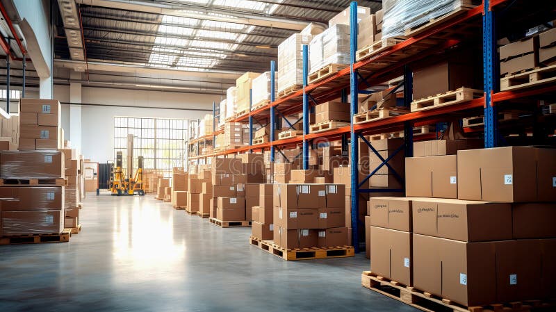 Distribution Center with Box Packaging on Shelves. Warehouse with ...