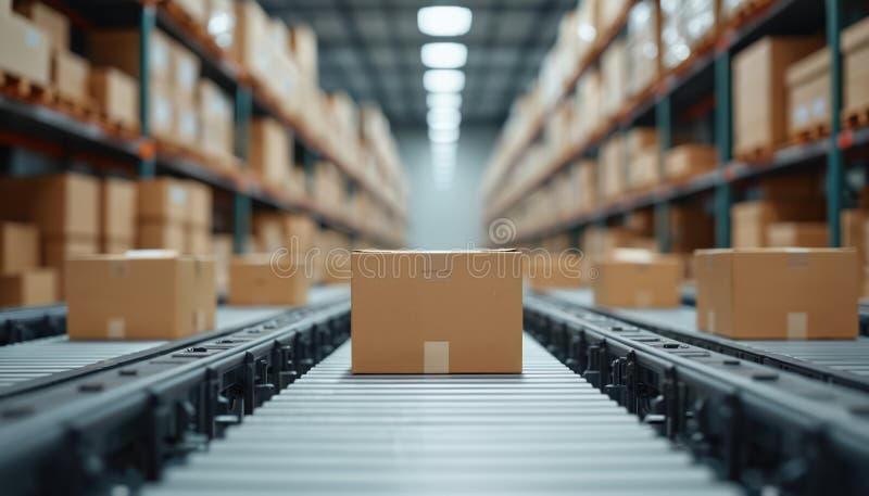 Distribution Center Interior with Cardboard Boxes on Conveyor Belt ...