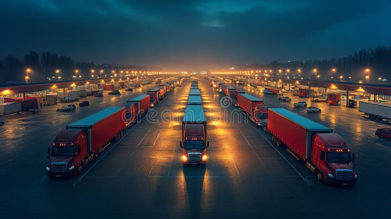 Distribution Center at Night with Illuminated Trucks and Organized ...