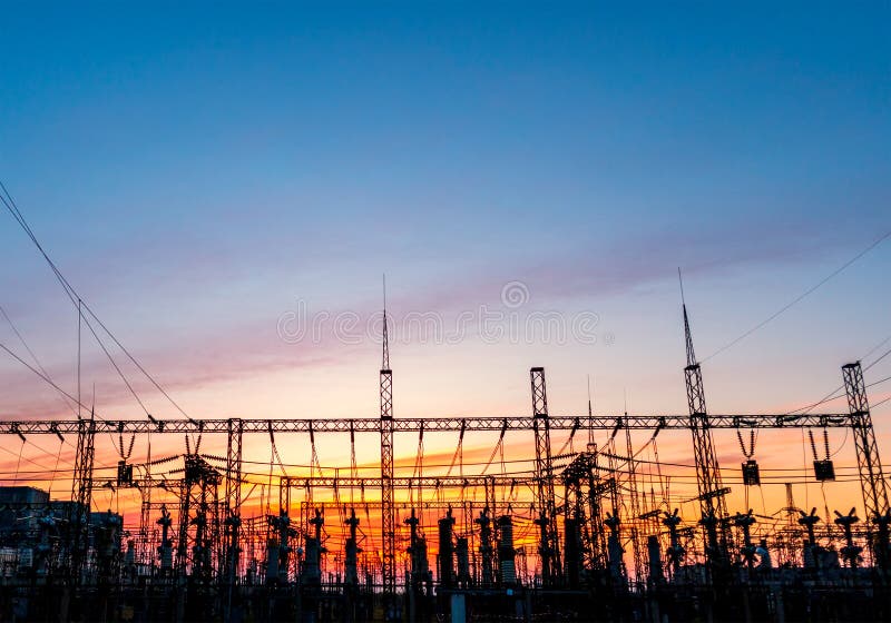 Distribution Electric Substation with Power Lines and Transformers ...