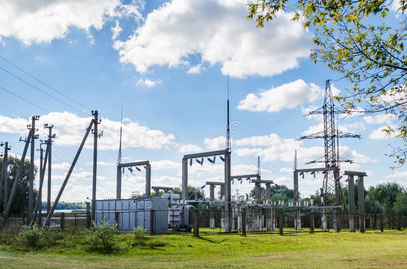 Distribution Electric Substation with Power Lines and Transformers ...