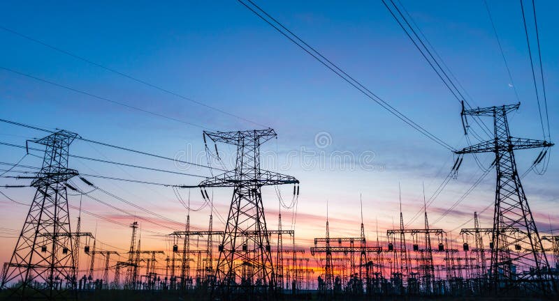 Distribution Electric Substation with Power Lines and Transformers ...