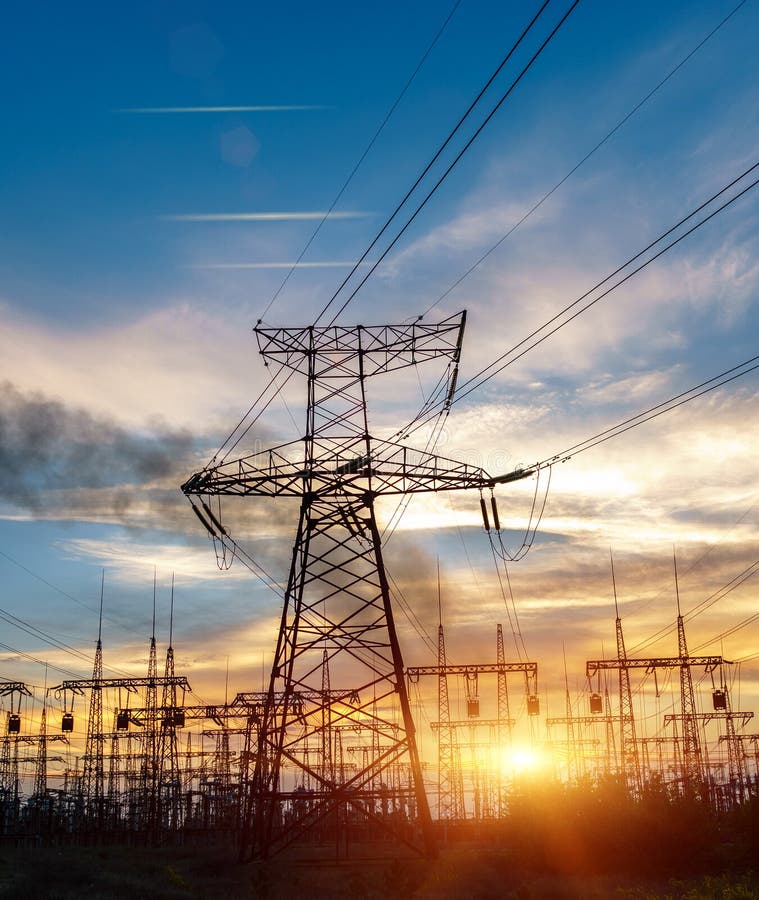 Distribution Electric Substation with Power Lines and Transformers ...
