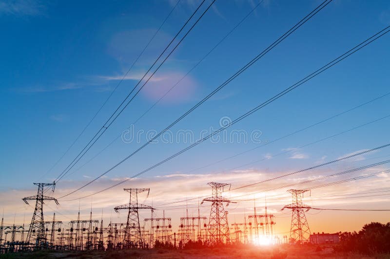 380 Distribution Electric Substation Power Lines Transformers Sunset ...