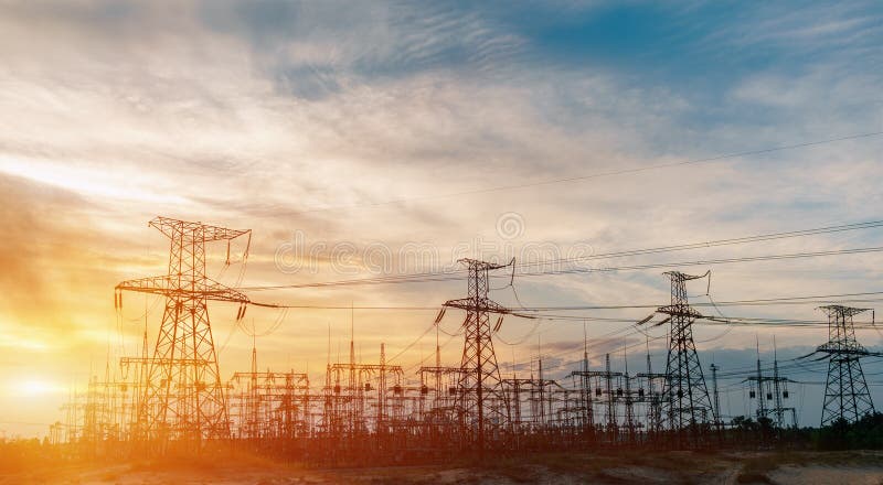 Distribution Electric Substation with Power Lines and Transformers ...
