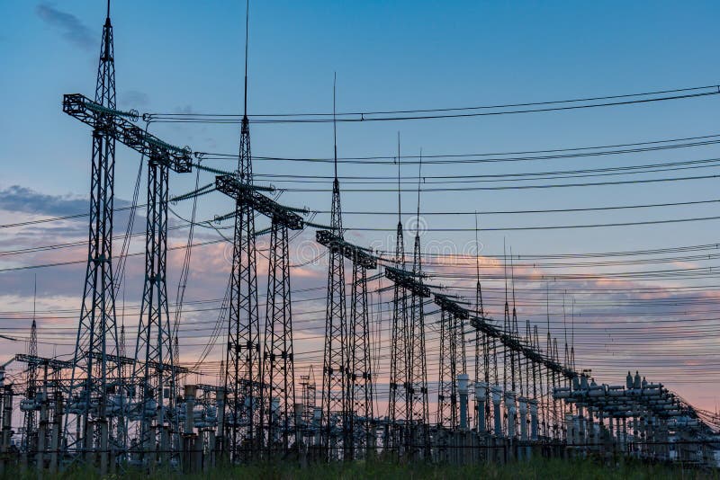 Distribution Electric Substation with Power Lines and Transformers ...