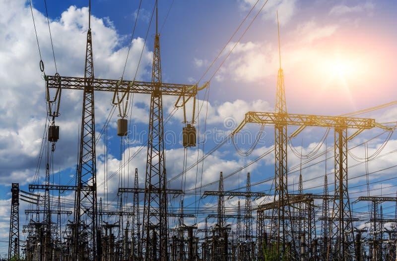 Distribution Electric Substation with Power Lines and Transformers ...