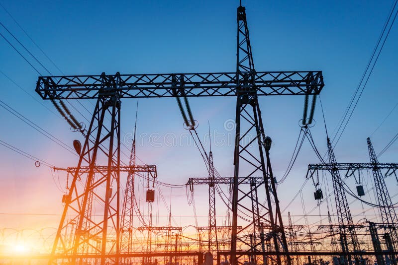 A High Voltage Substations, in the Sunset Stock Photo - Image of ...