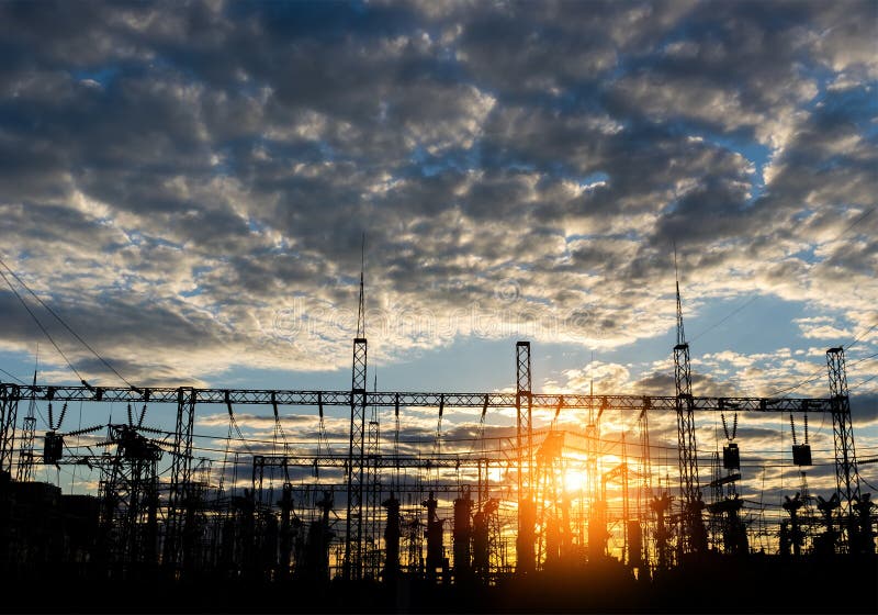 Distribution Electric Substation with Power Lines and Transformers, at ...