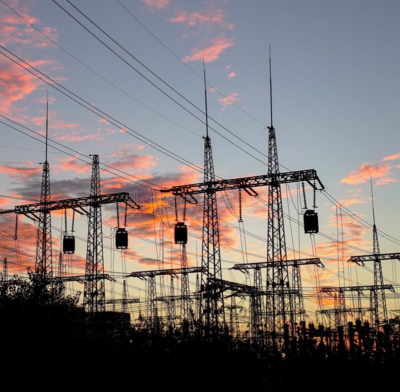 Distribution Electric Substation Pylon with Lines, at Sunset. Stock ...
