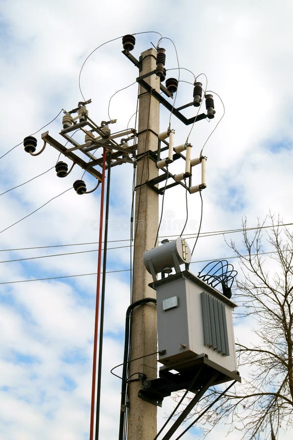 Distribution Electrical Transformer Mounted on a Pole. Electric Stock ...
