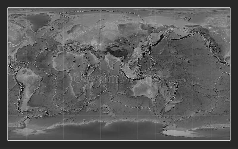 Volcanoes and Boundaries on the World Grayscale Map - 90 PM. Com Stock ...