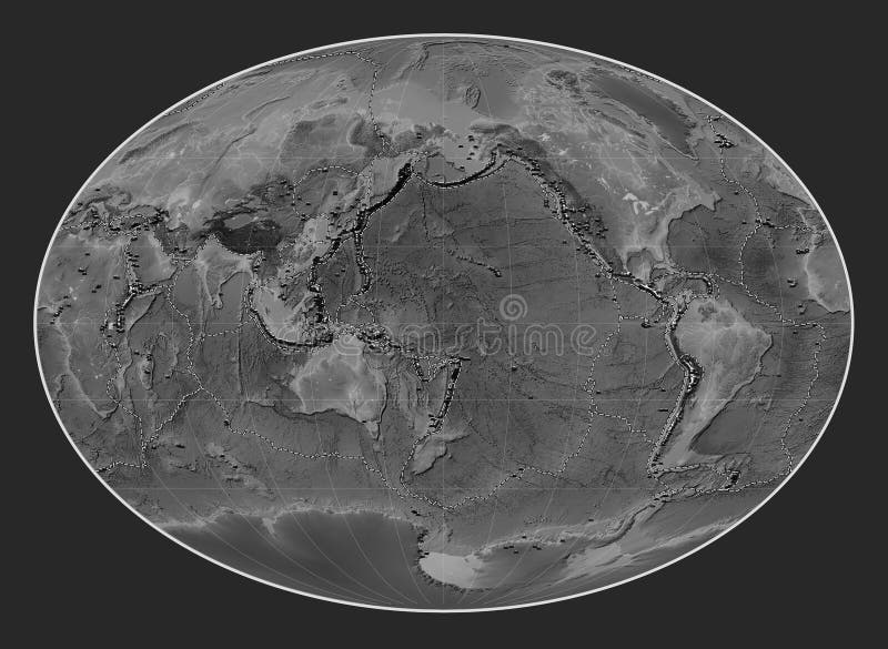 Volcanoes and Boundaries on the World Grayscale Map - 180 PM. Fa Stock Illustration ...