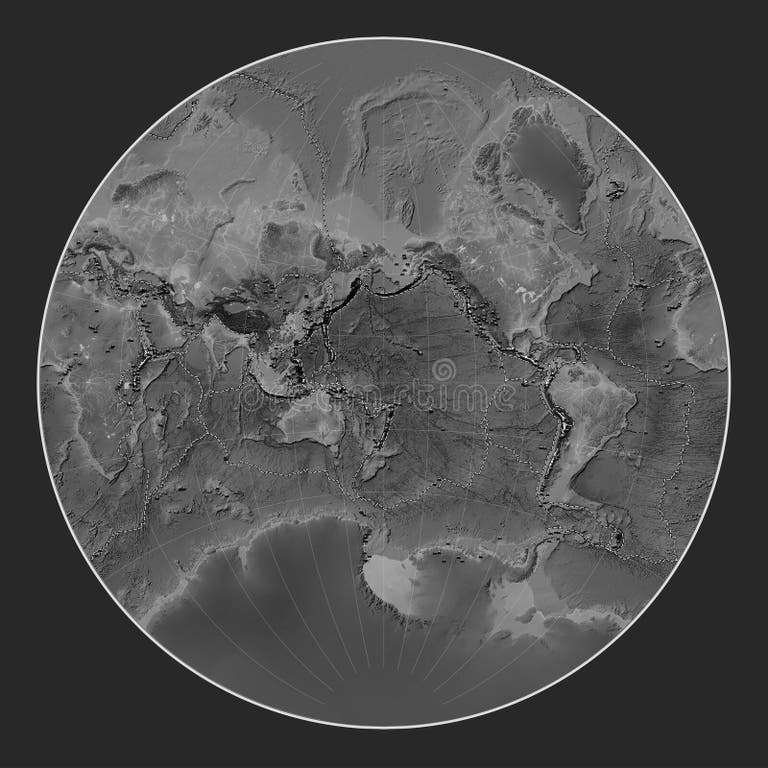 Volcanoes and Boundaries on the World Grayscale Map - 180 PM. La Stock ...