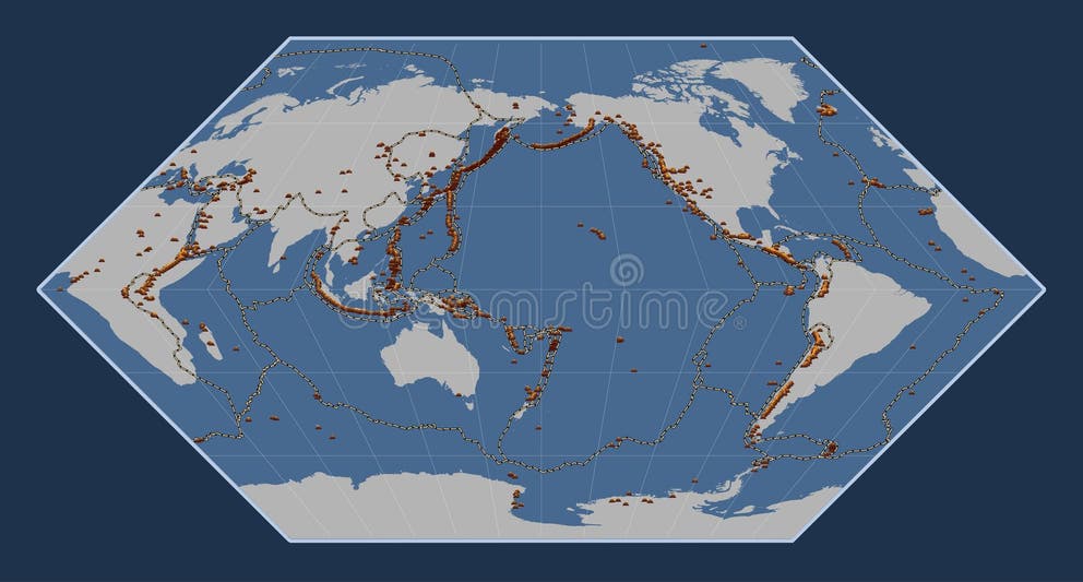 Volcanoes and Boundaries on the World Contour Map - 180 PM. Ecke Stock ...