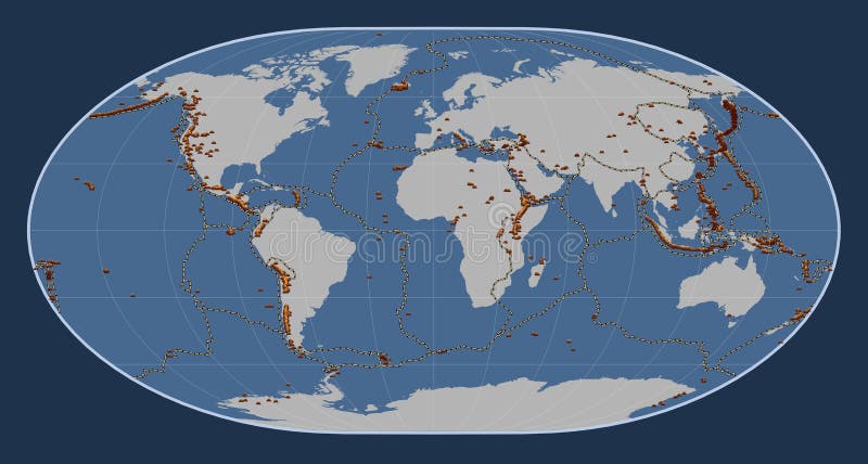 Volcanoes on the World Contour Map - 0 PM. Loximuthal Stock ...