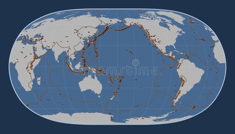 Volcanoes and Boundaries on the World Contour Map - 180 PM. Natu Stock ...