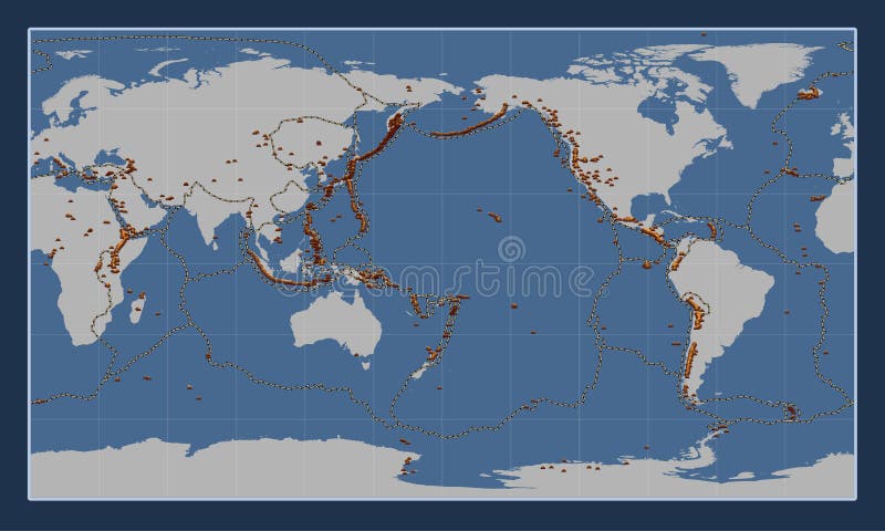 Volcanoes and Boundaries on the World Contour Map - 180 PM. Patt Stock ...