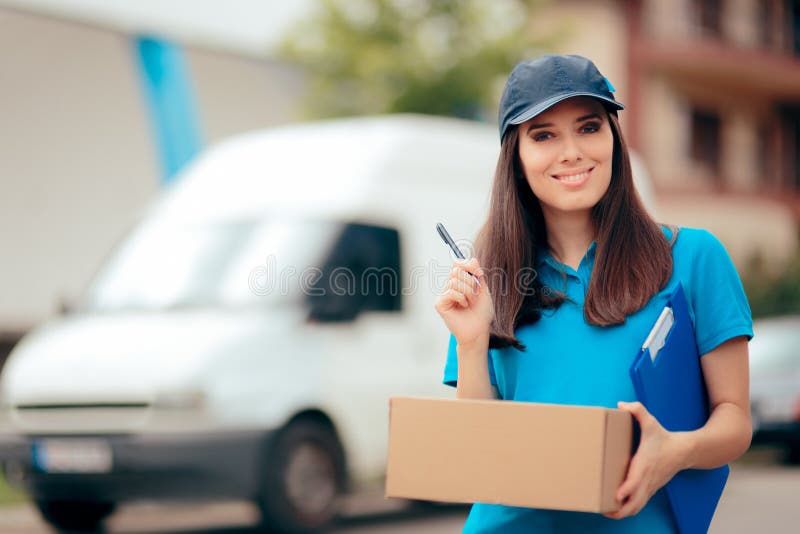 Delivery Worker with Cardboard Box Package and Paper Documents Stock ...