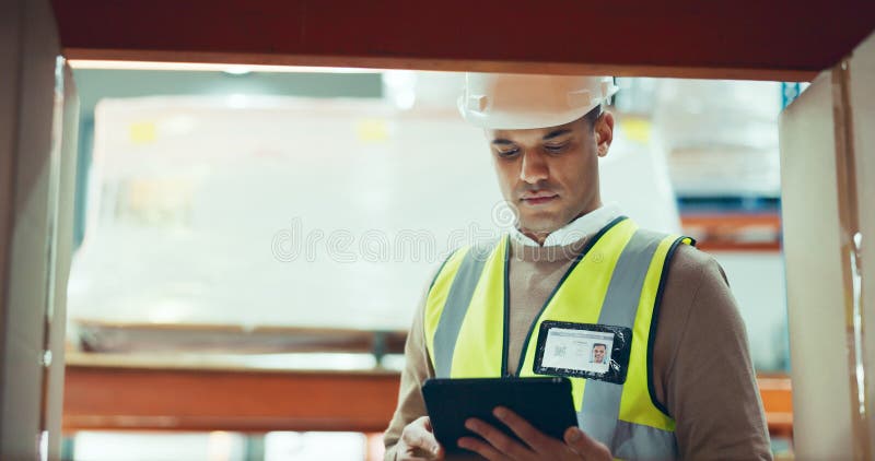 Distribution, Tablet and Box with Man in Warehouse for Inventory ...