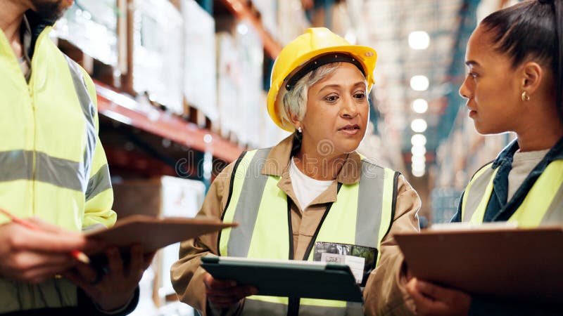 Distribution, Tablet and Team in Factory, Clipboard and Conversation ...