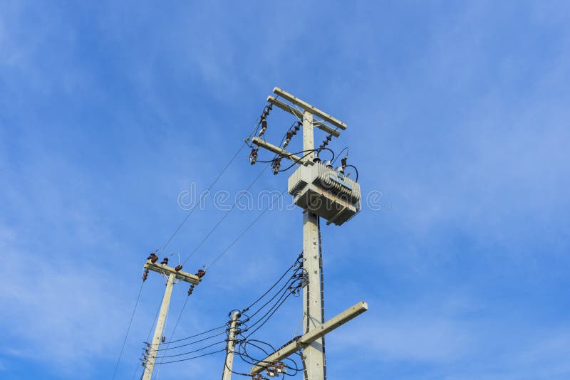 Distribution Electrical Transformer Mounted On A Pole. Electric Stock ...