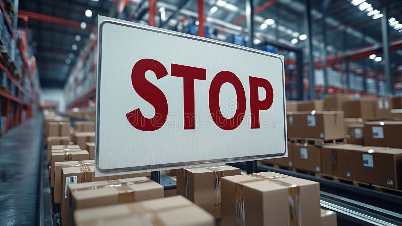 Distribution Warehouse Conveyor Halt, Stop Sign, Cardboard Boxes ...