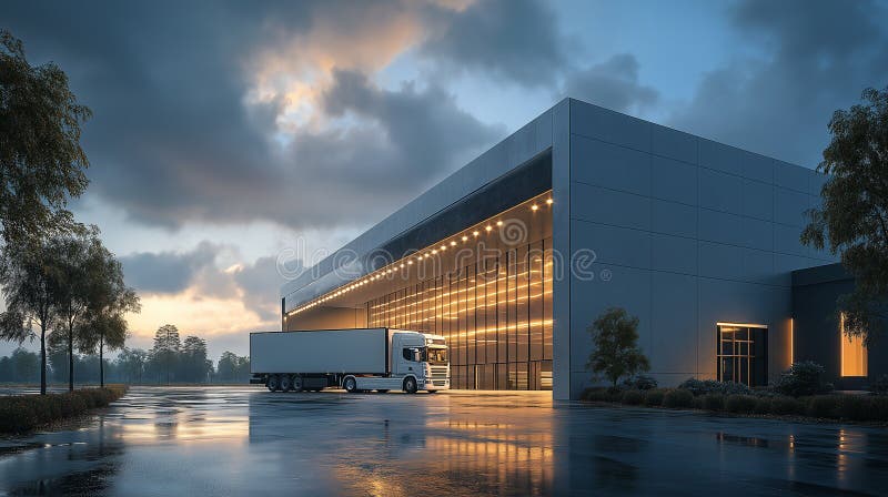 Distribution Warehouse with Trucks of Different Capacity Stock Photo ...
