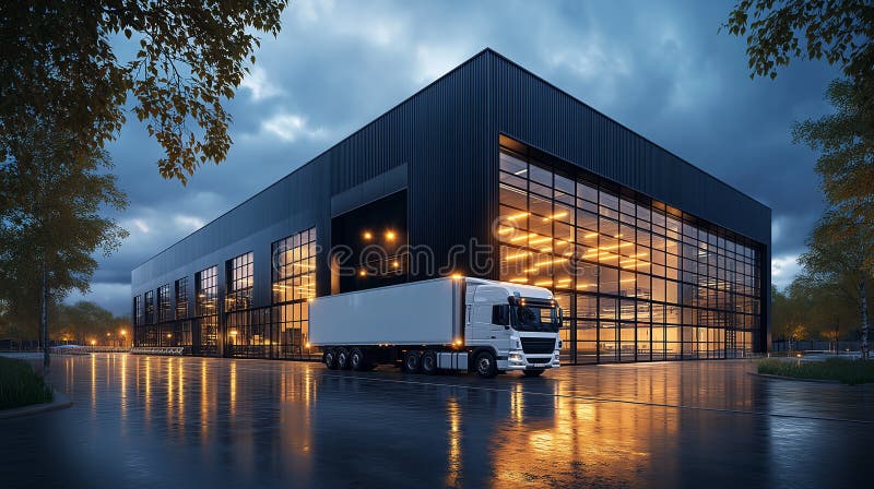 Distribution Warehouse with Trucks of Different Capacity Stock Photo ...