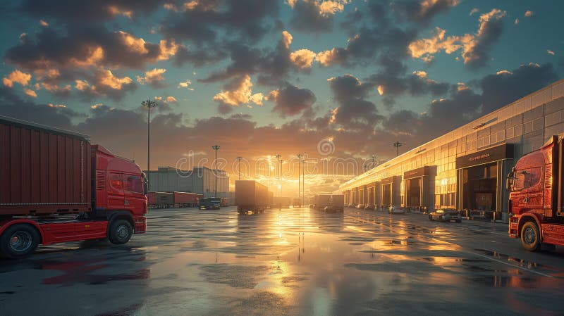 Distribution Warehouse with Trucks of Different Capacity Stock Photo ...