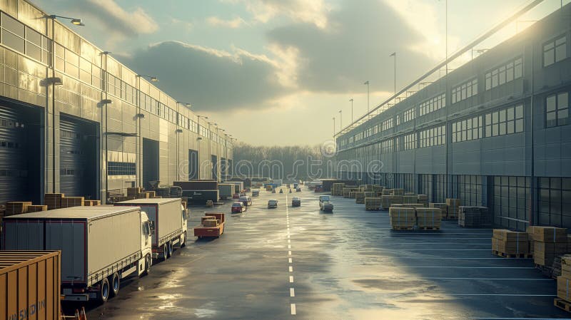 Distribution Warehouse with Trucks of Different Capacity Stock Photo ...