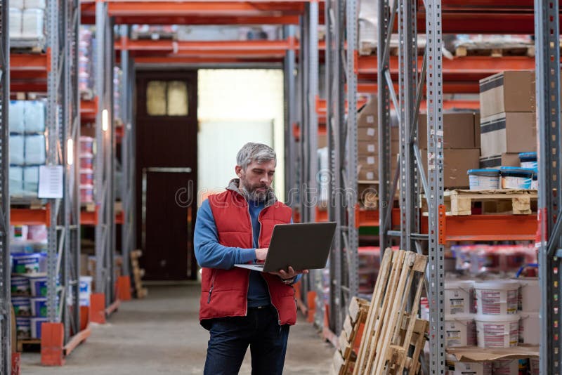 Distributor Using Laptop at Warehouse Stock Photo - Image of manager ...