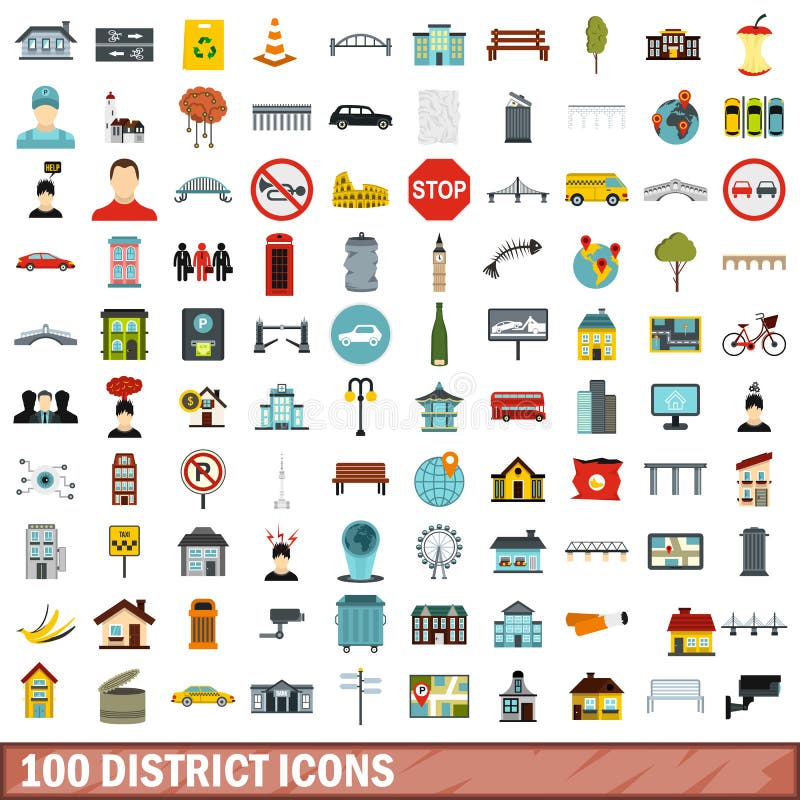 100 District Icons Set, Flat Style Stock Vector - Illustration of brain ...