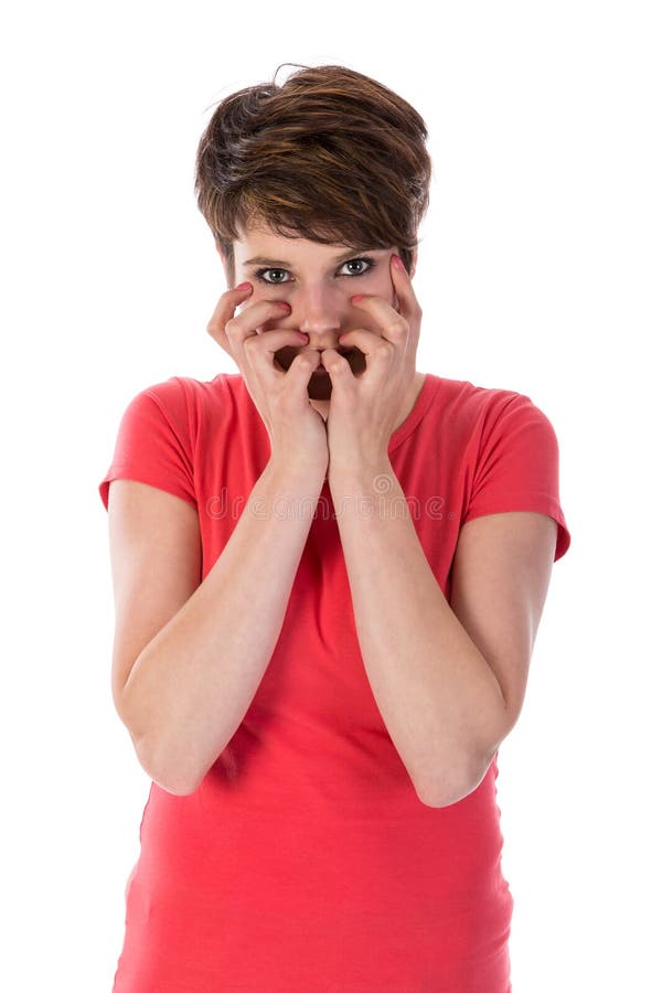 Disturbed Woman with Hands for Face Stock Photo - Image of covering ...
