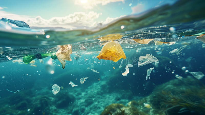 Plastic Bags Floating on Ocean Water Environmental Pollution Concept ...
