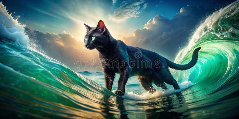 Surreal Double Exposure a Cat Swimming in the Oceans Depths a Mystical ...
