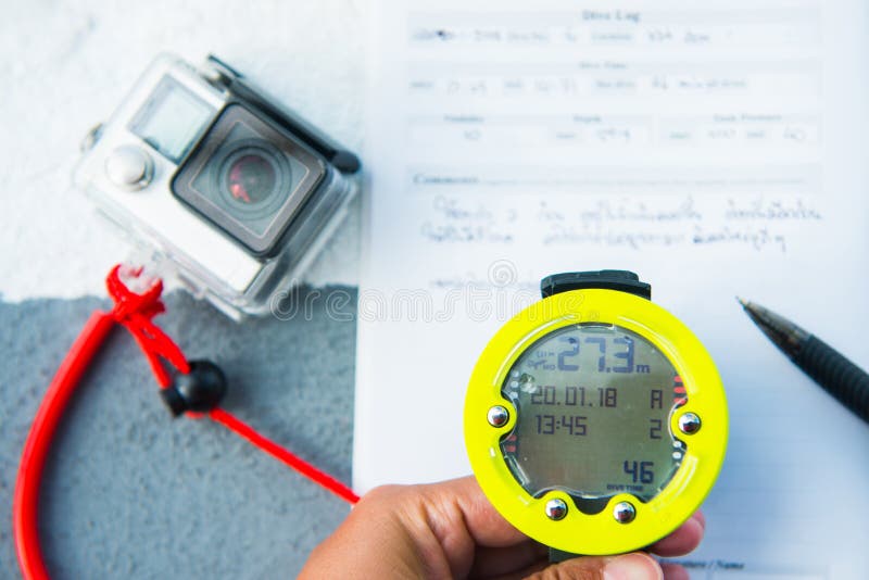 Dive Computer Watch for Diving and Action Camera Stock Image - Image of ...