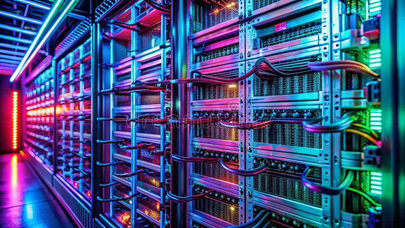 Intricate Network Infrastructure a CloseUp Look at a NeonLit Server ...