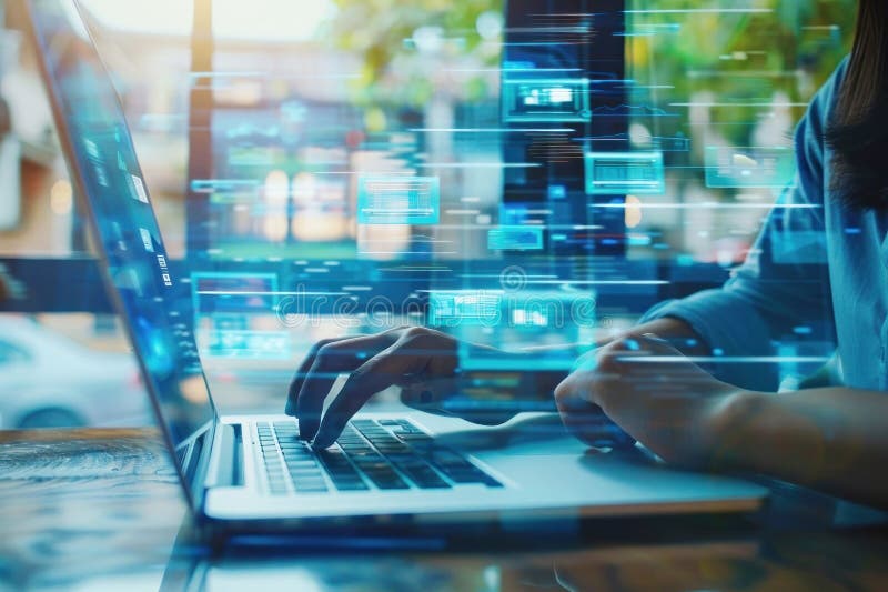 Dive into the Digital Realm with this Dynamic Image of Hands Typing on a Laptop Amidst Floating ...