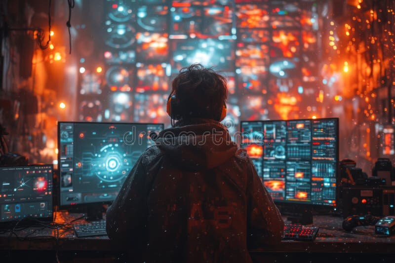 Dive into the Digital Realm with a Gamer Surrounded by Screens and ...