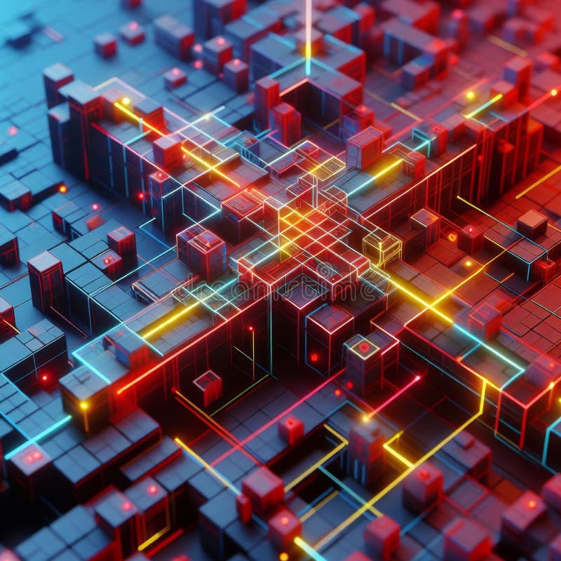 Futuristic 3D Crossword: Dynamic Patterns in Red, Blue, and Yellow ...