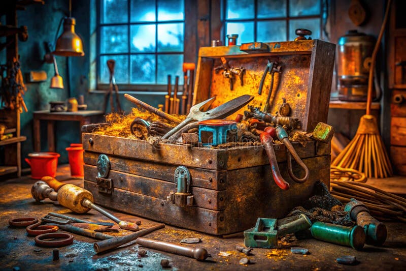 A Cluttered Workshop Wonderland Overflowing Toolbox Tools and Parts ...
