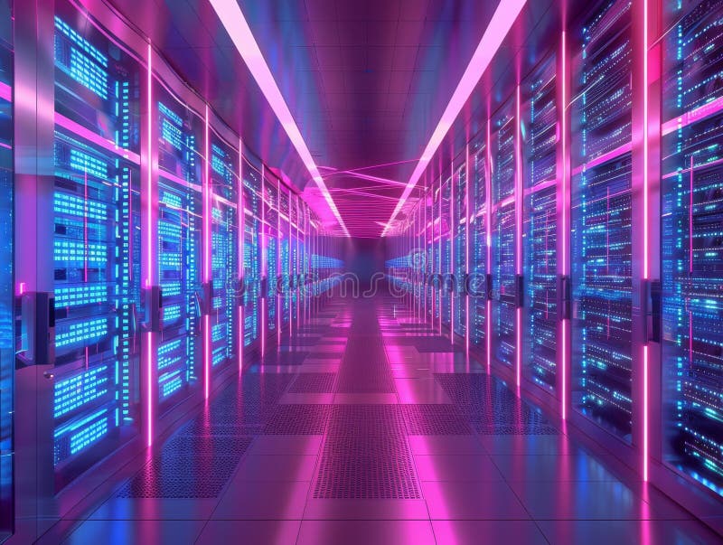 Immersive Data Storage Server Warehouse Room with Enchanting Neon Light ...